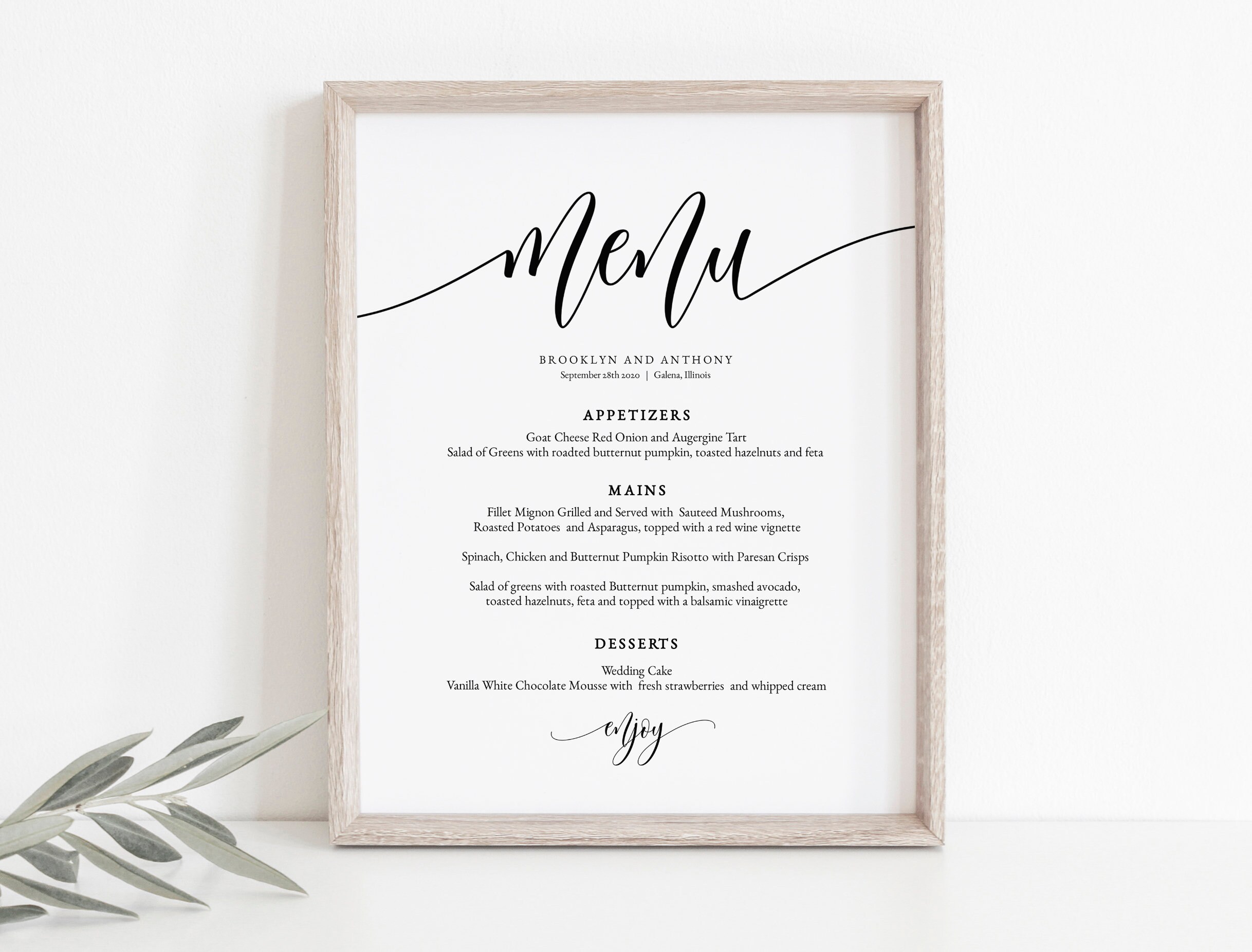 Wedding Menu Sign Printable Calligraphy Menu Template Script - Etsy