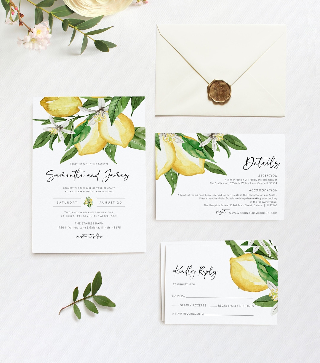 Lemon Wedding Invitation, Templett Wedding Invitation, Summer Wedding ...