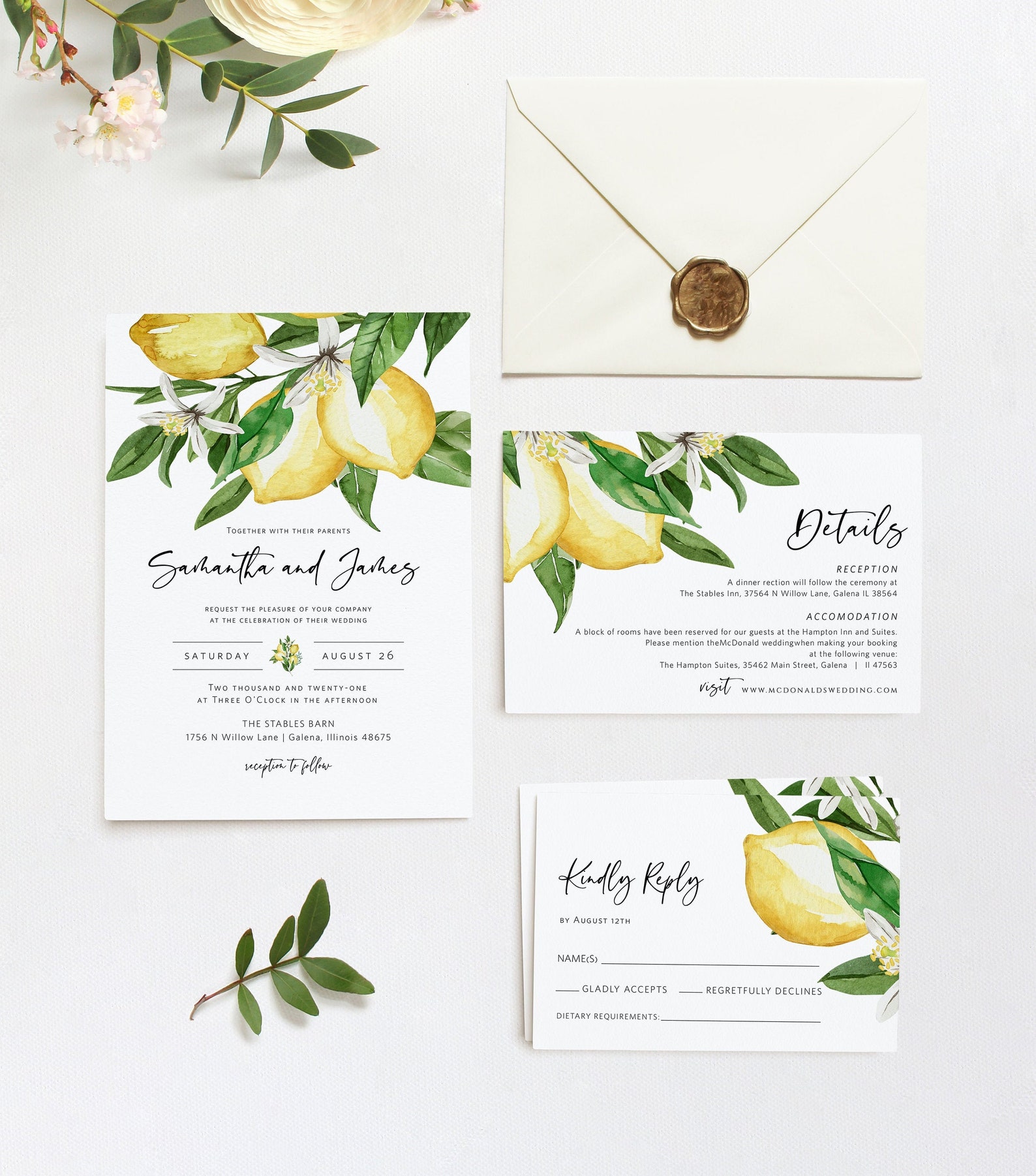 Lemon Wedding Invitation Templett Wedding Invitation Summer - Etsy