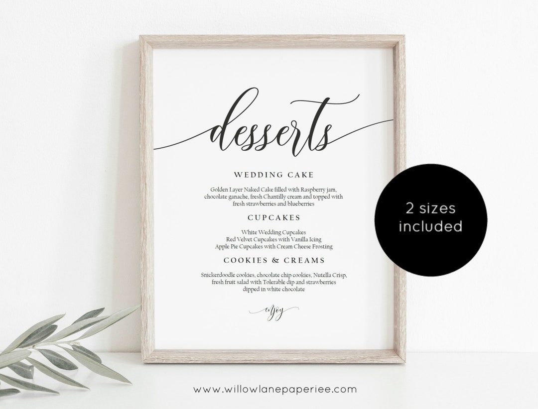 Dessert Menu Sign, Printable Caliigraphy Desserts Sign Template ...