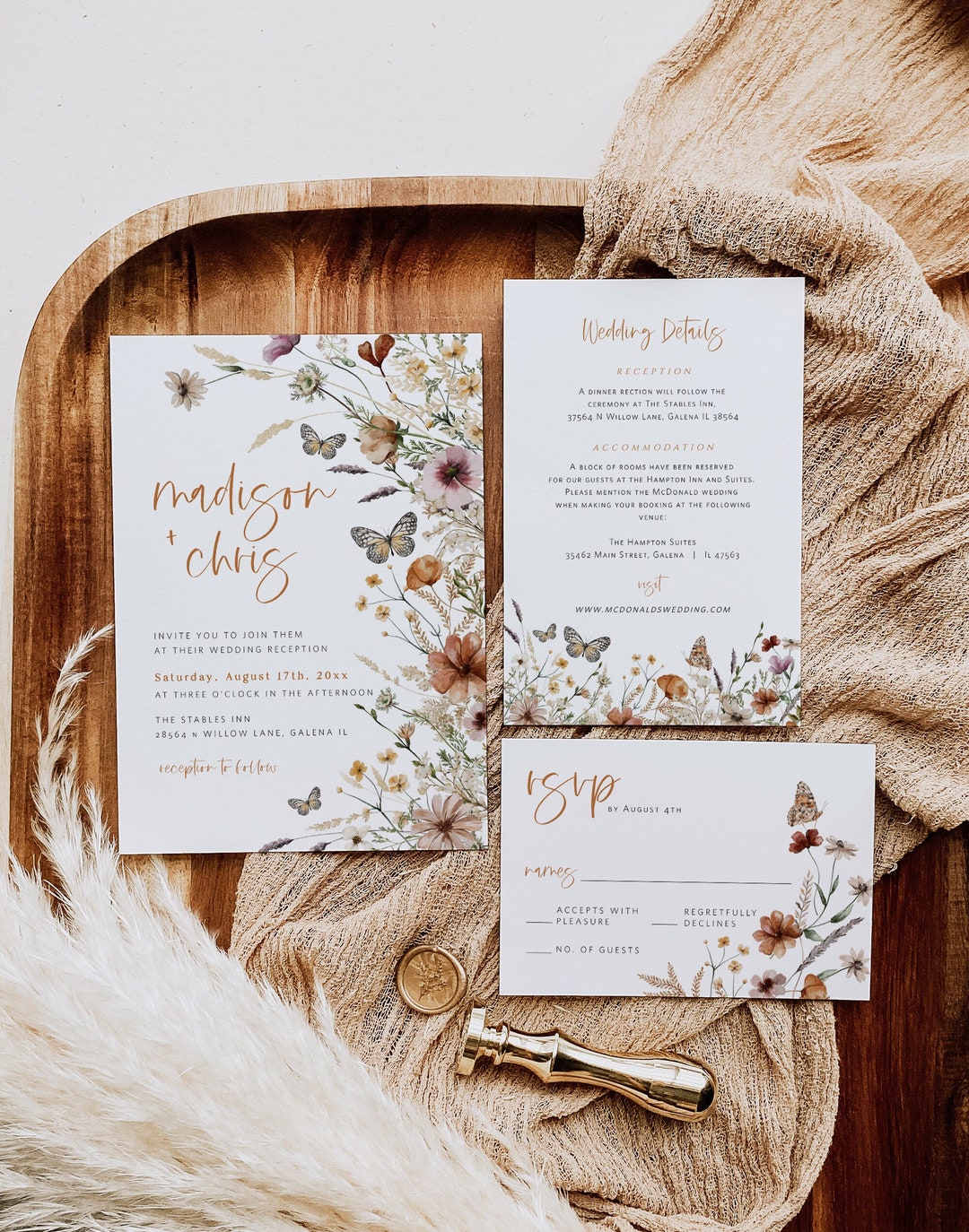 Boho Wedding Invitation Suite, Wildflower Wedding Invitation, Butterfly ...
