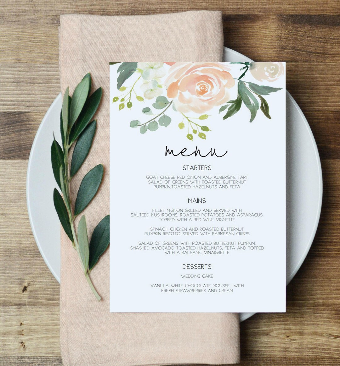 Peach Floral Menu Template, Menu Card, Printable, Instant Download ...