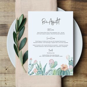 Cactus Menu Template, Menu Card, Printable Menu, 5x7 Instant Download ...