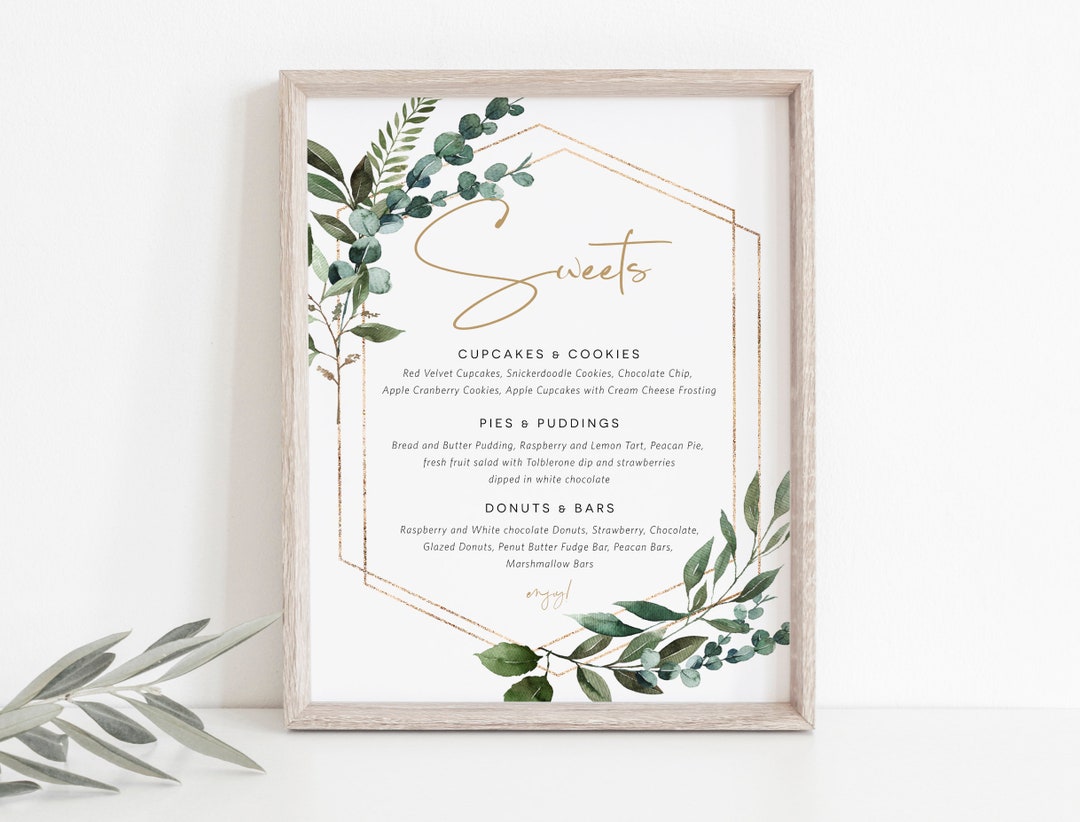 Sweets Menu Sign, Greenery Desserts Sign Template, Printable Wedding ...