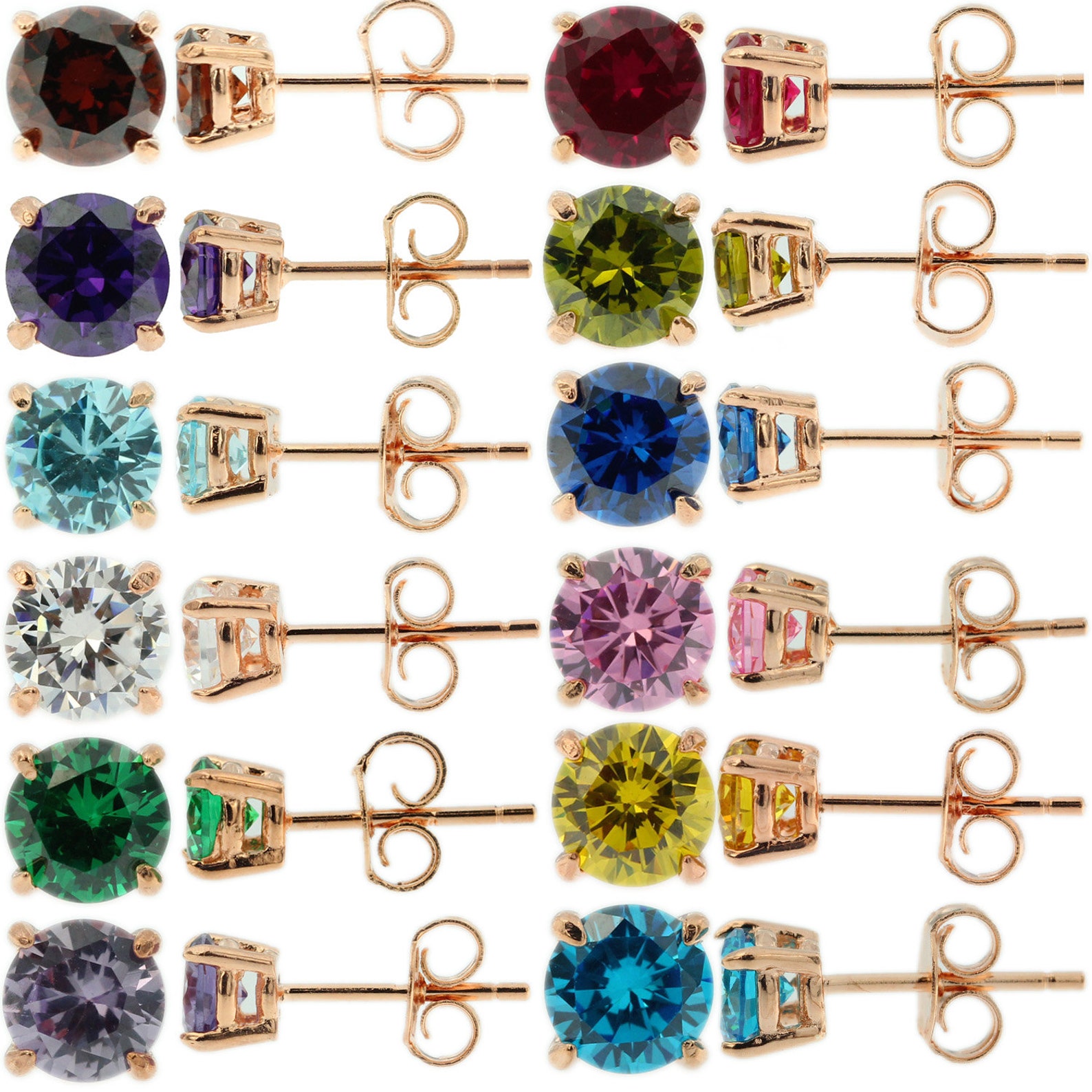 Sterling Silver 925 Rose Gold Birthstone Stud Earrings Round | Etsy