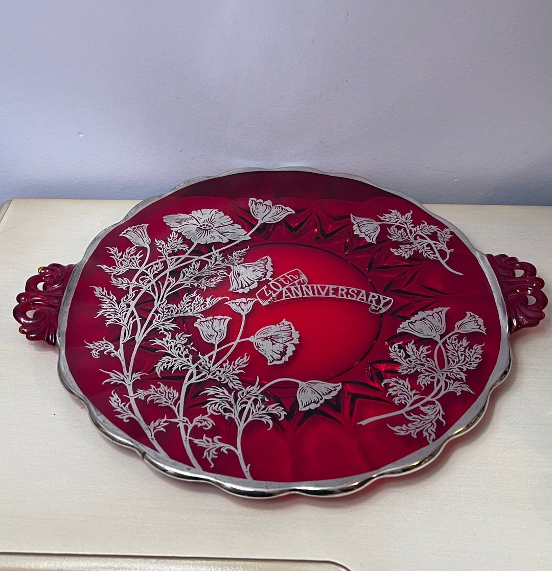 Ruby Red SILVER CITY Sterling Silver Overlay Platter Handled Serving ...