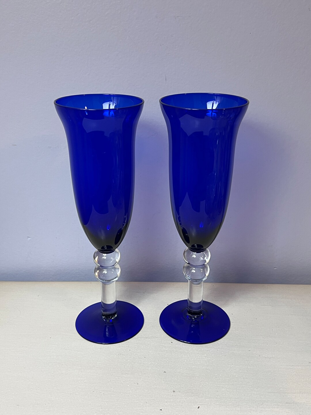 Vintage Cobalt Blue Champagne Flutes: Hand Blown Art Glass Pair - Etsy