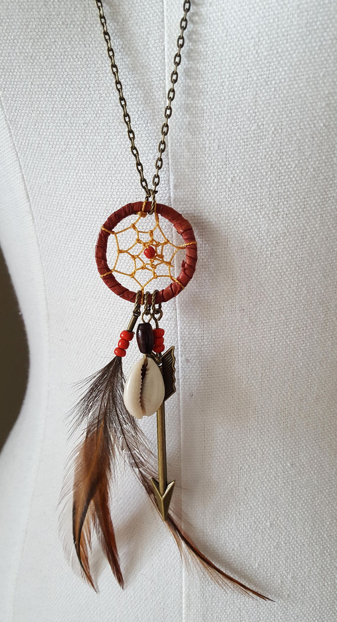 Dream Catcher Necklace Made With Red Leather Feathers Cowrie - Etsy