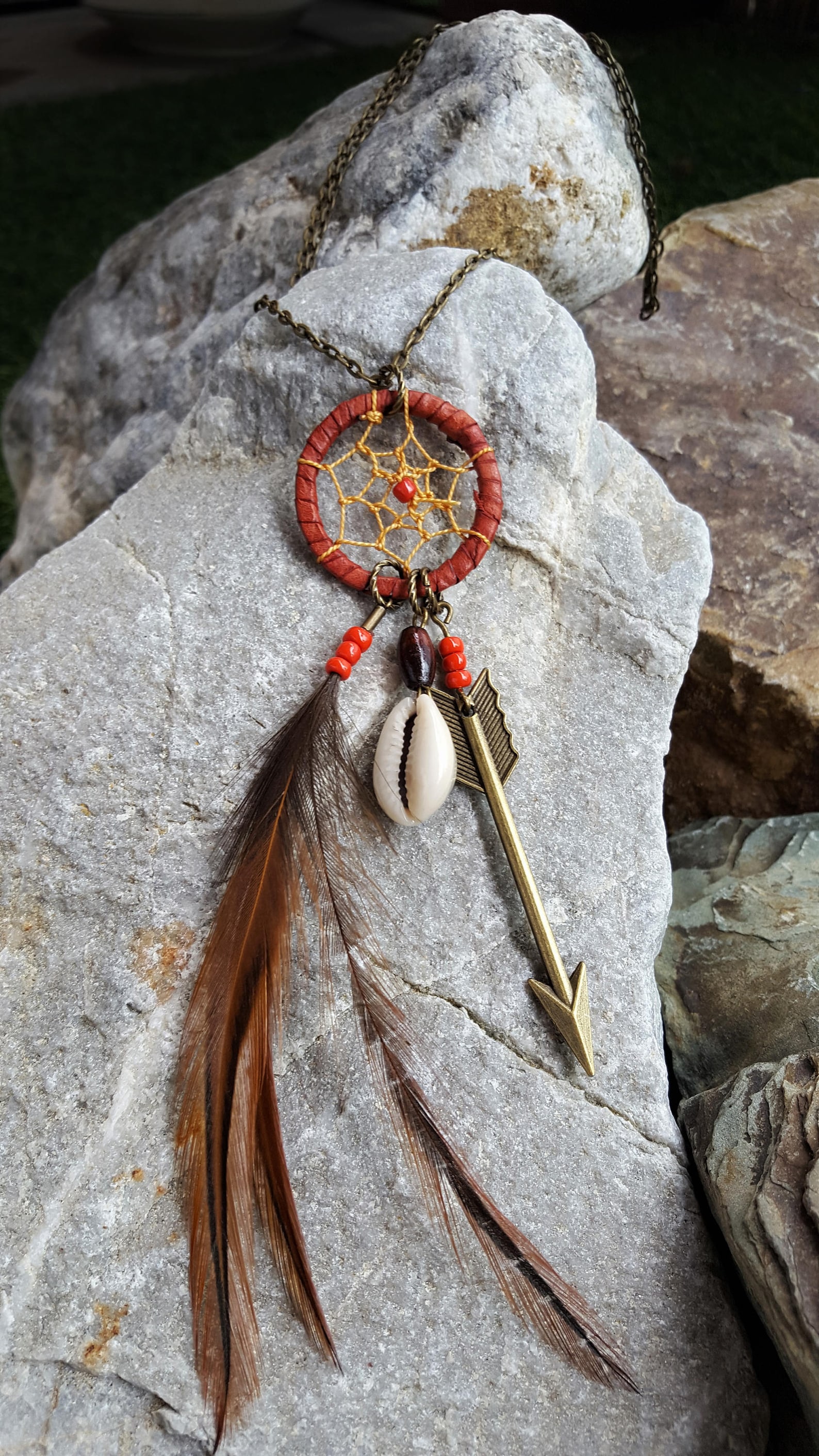 Dream Catcher Necklace Made With Red Leather Feathers Cowrie - Etsy