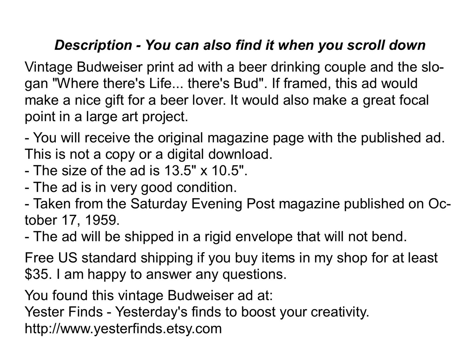 Budweiser Original Print Ad From 1959 - Where There's Life... There's ...
