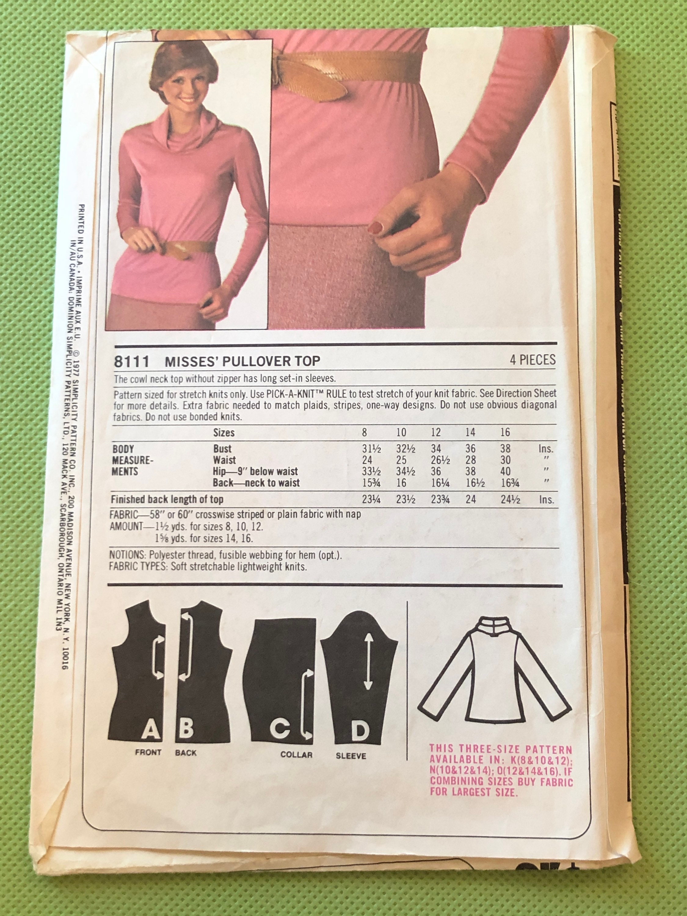 Simplicity Extra Sure Pattern 8111 Miss Size Cowl Neck Top - Etsy