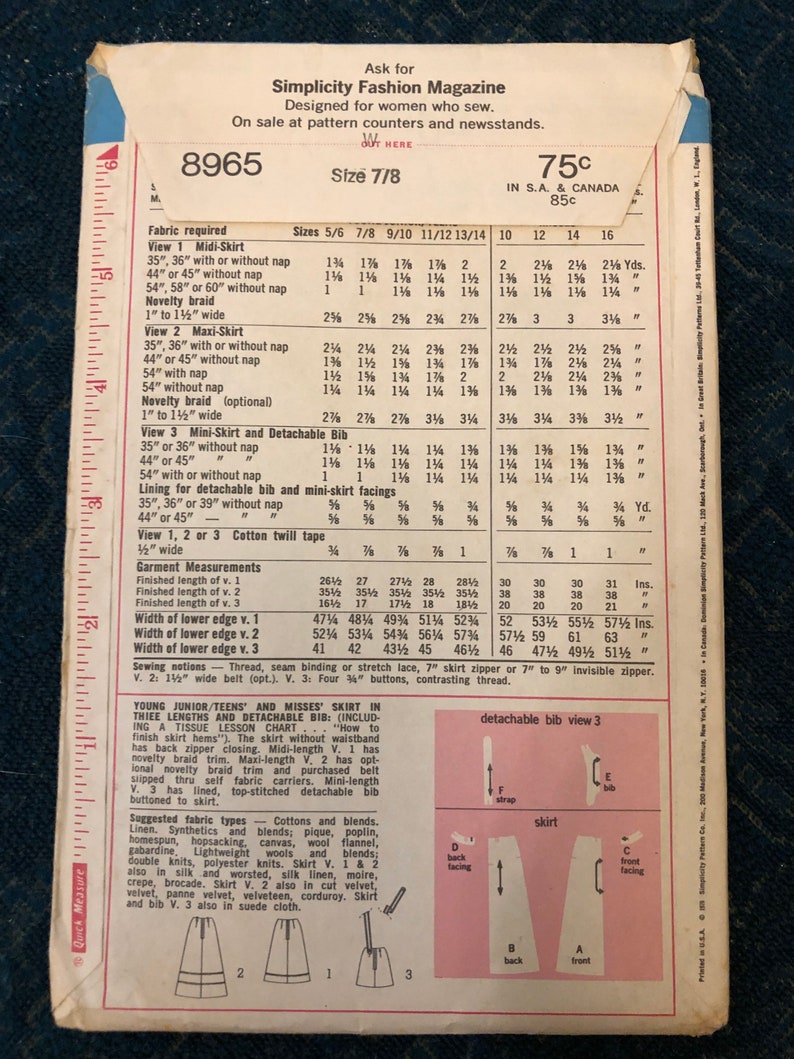 Simplicity Pattern 8965 Junior Size Skirt | Etsy