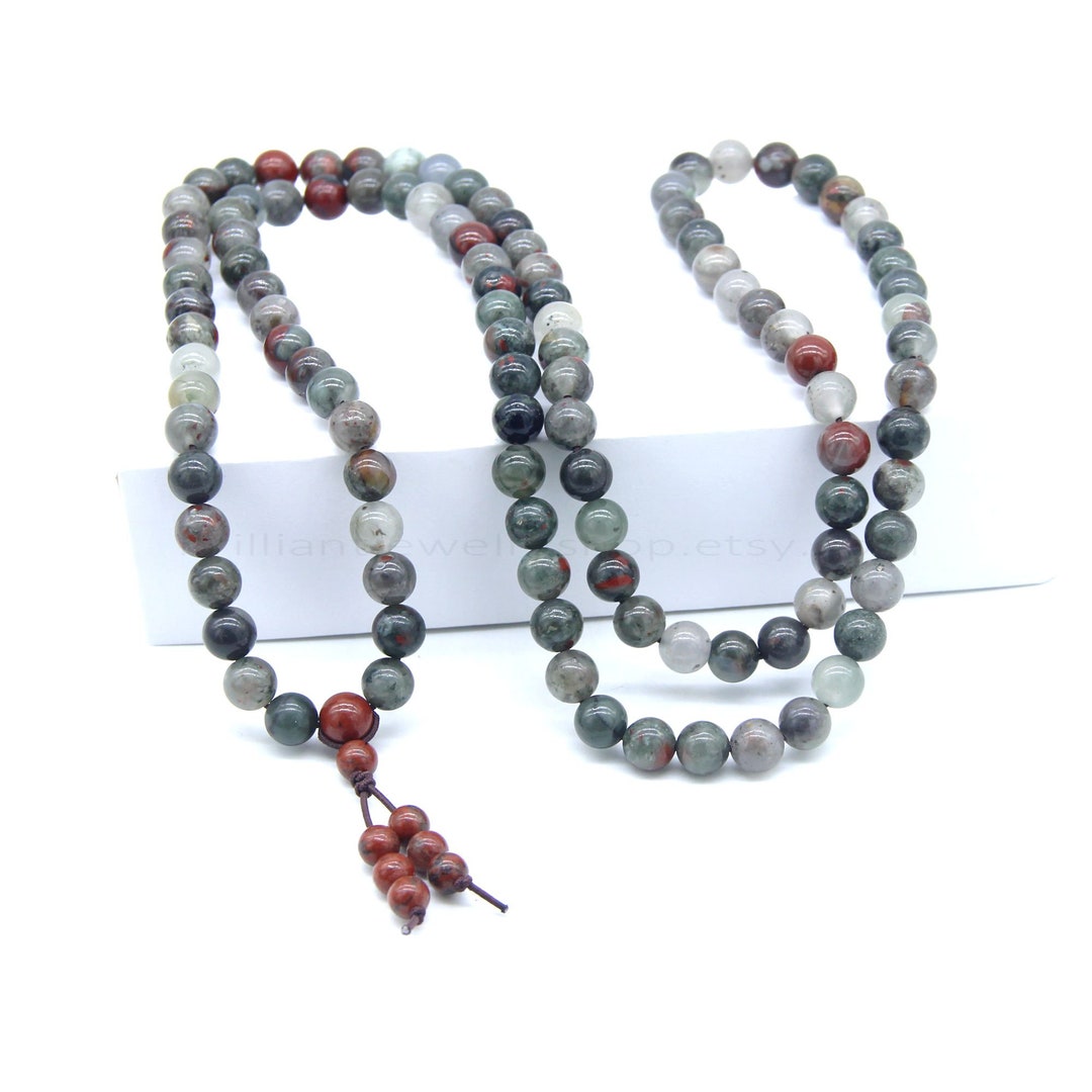 African Bloodstone 108 Mala Beads, 8mm Green Red Gemstone 108 Mala ...