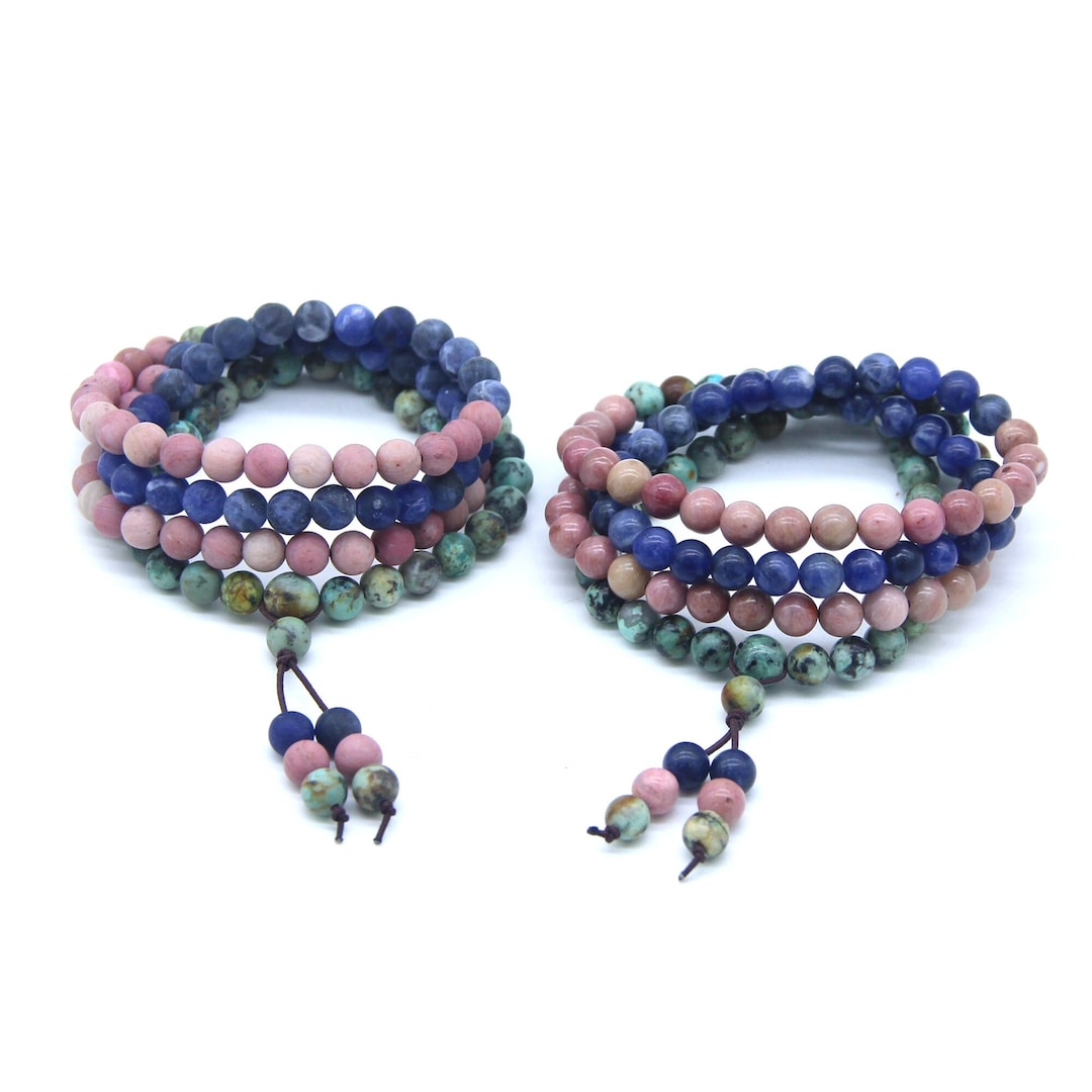 African Turquoise Pink Rhodonite Blue Sodalite 108 Mala Beads, Matte ...