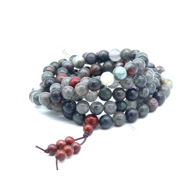 African Bloodstone 108 Mala Beads, 8mm Green Red Gemstone 108 Mala ...