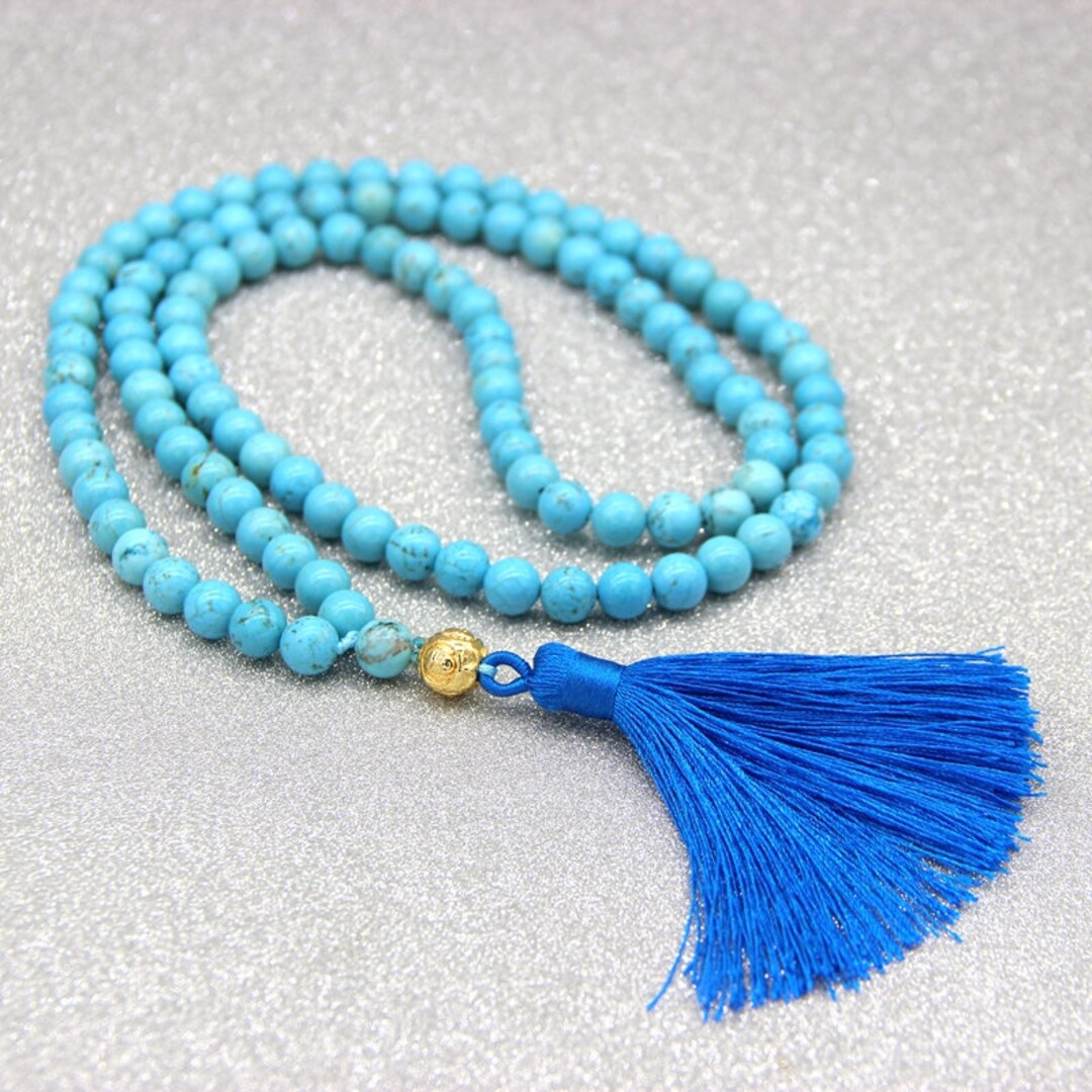 Turquoise Mala Necklace Blue Magnisite 108 Mala Beads Buddhist Prayer ...