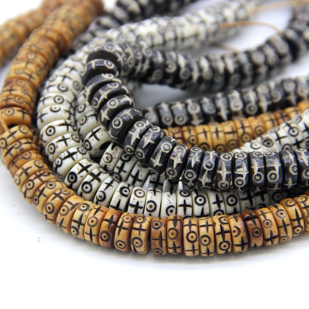 Carved Ox Bone Heishi Beads 8mm 10mm, Tibetan Bone Spacer Beads, Tribal Beads, White Brown Bone ...