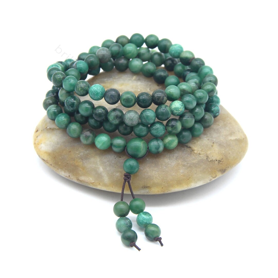 African Jade 108 Green Mala Beads, Natural Green Jade Mala Bracelet ...