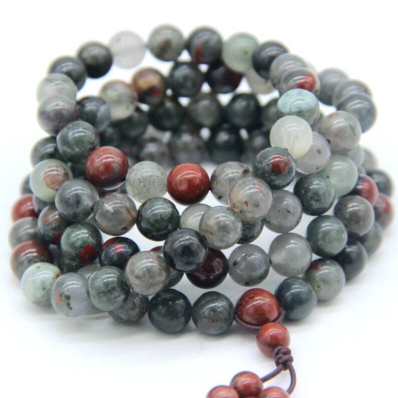 African Bloodstone 108 Mala Beads, 8mm Green Red Gemstone 108 Mala ...