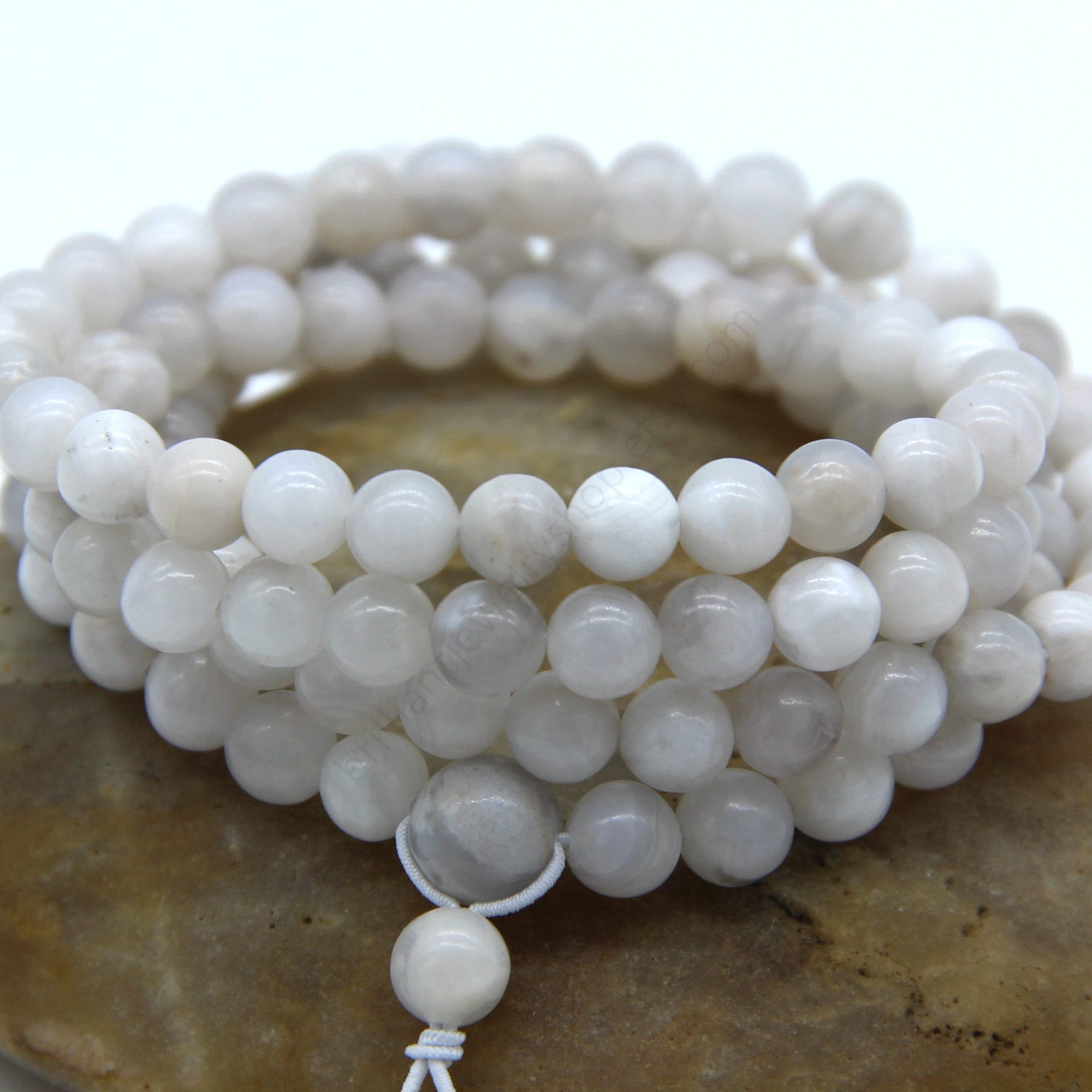 White Agate 108 Gemstone Mala Beads, Matte White Agate Mala Bracelet ...