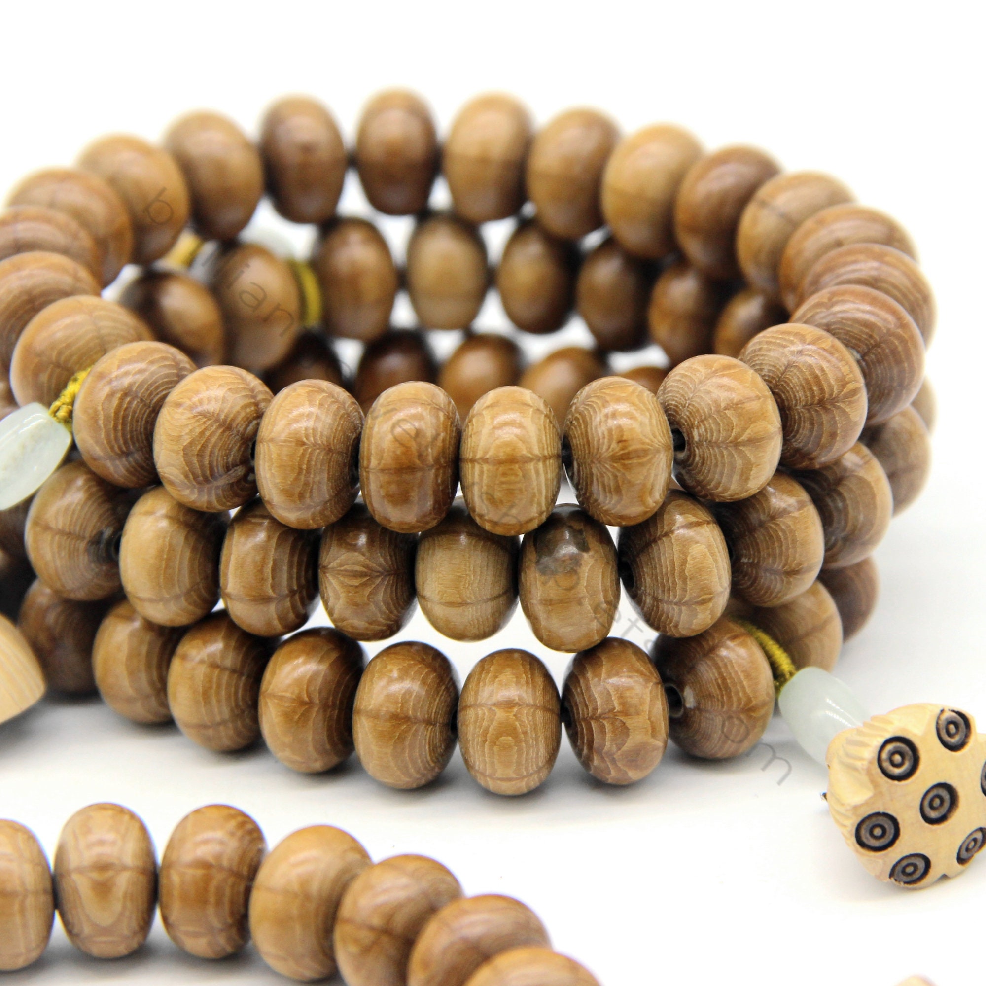 Natural Wood Mala Bracelet, Wood Lotus Jade Mala Beads, Wood Buddhist ...