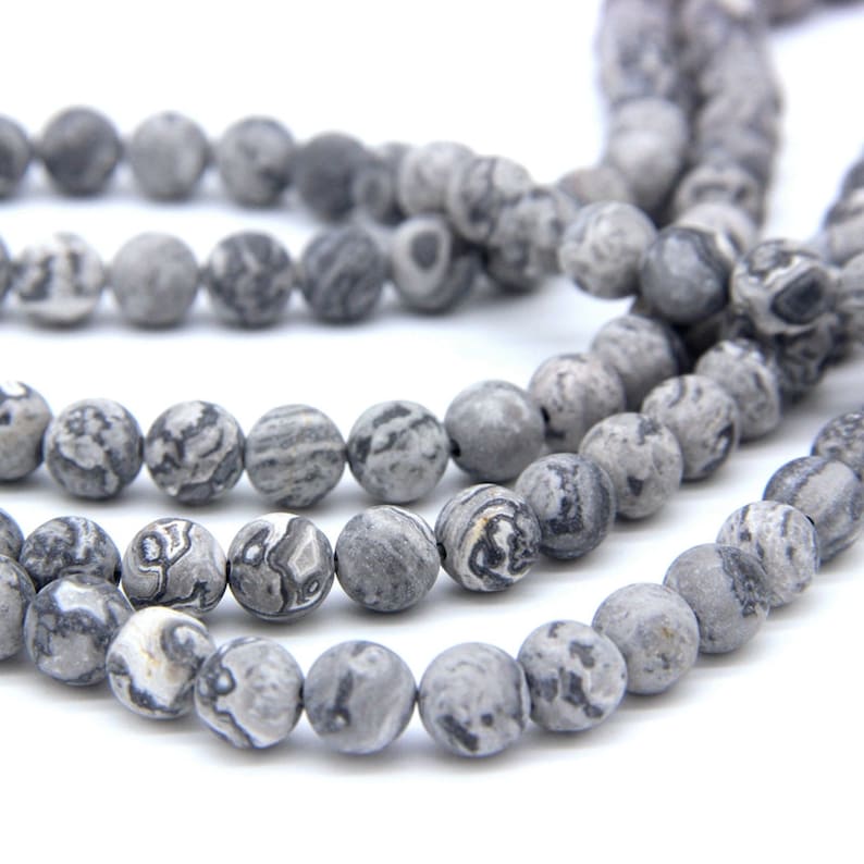 Matte Gray Picture Jasper Beads 6mm 8mm 10 12mm Gray Map Jasper Beads ...