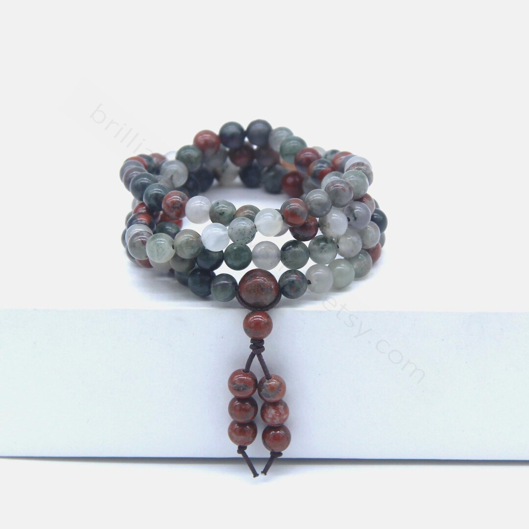 African Bloodstone 108 Mala Beads, 6mm Green Red Gemstone 108 Mala ...