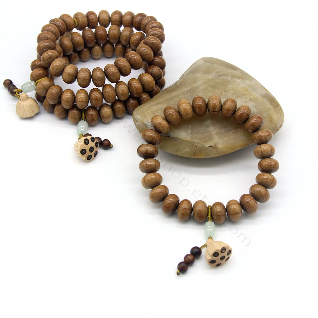 Natural Wood Mala Bracelet, Wood Lotus Jade Mala Beads, Wood Buddhist ...