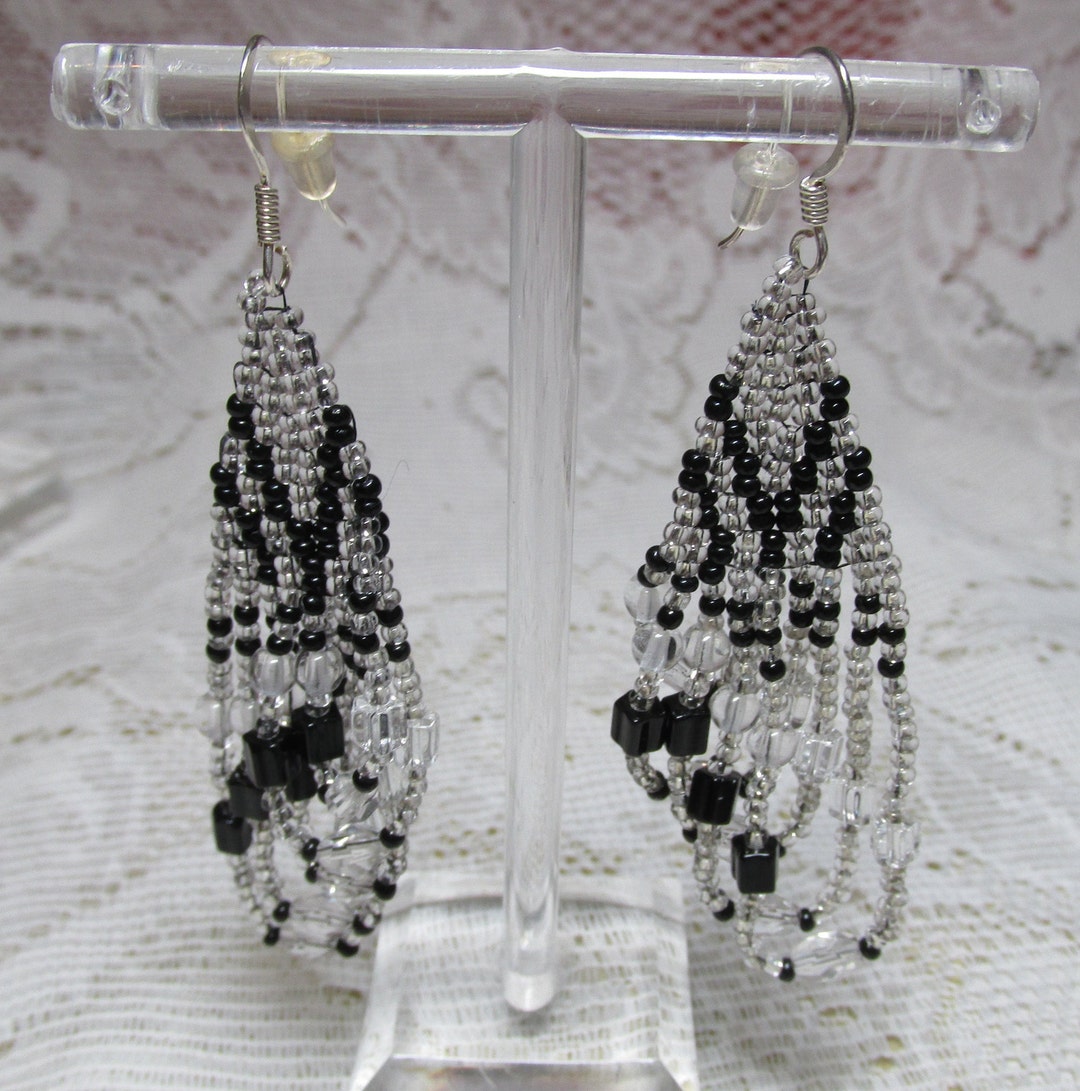 HANDMADE Seed Bead Dangle Black Clear Loop Dangling Sterling - Etsy