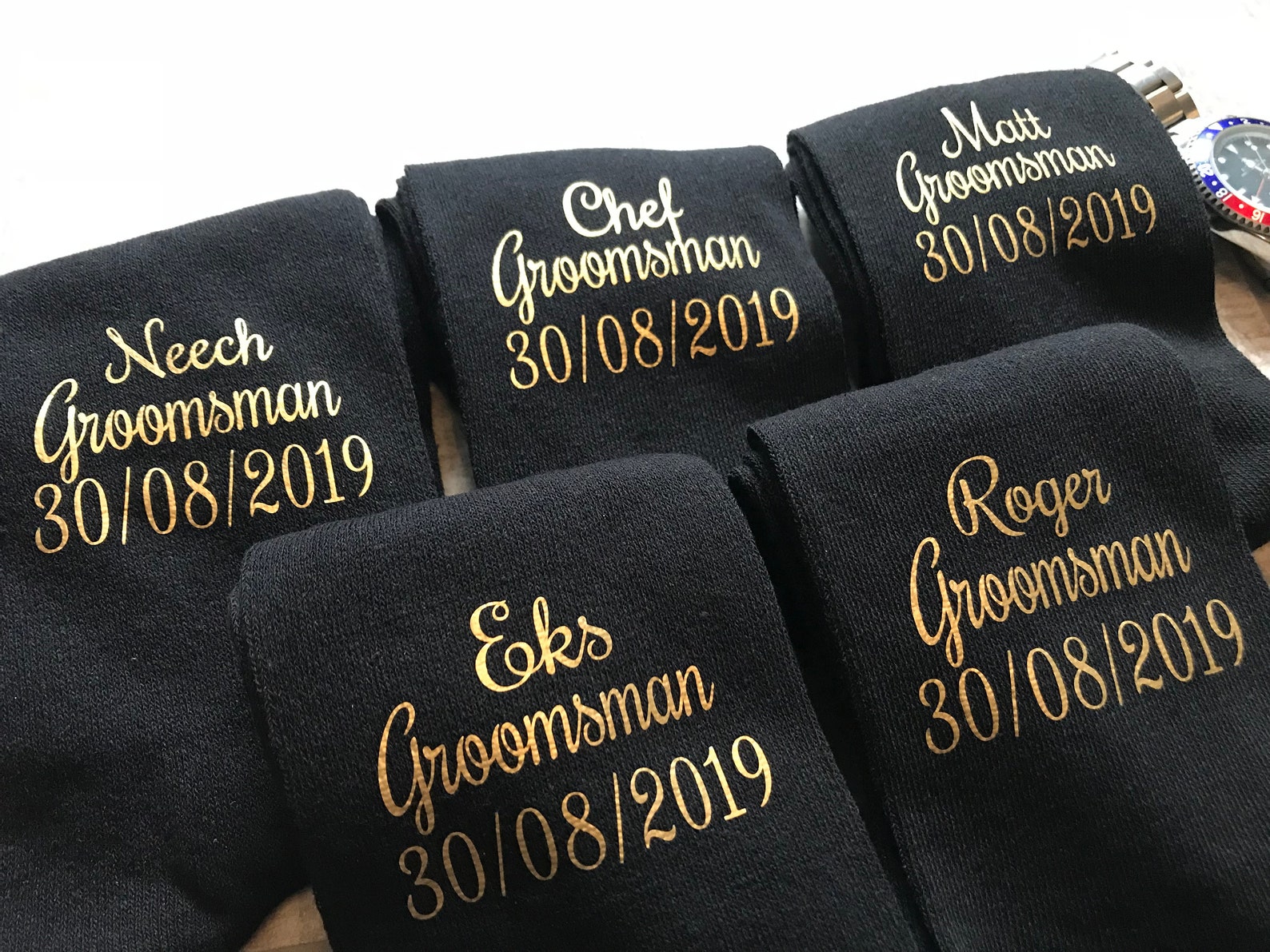 Black groom socks gold wording | Etsy
