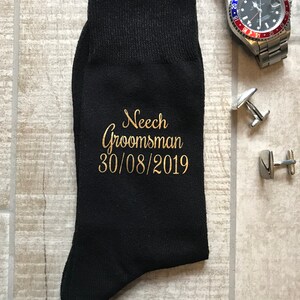 Black groom socks gold wording | Etsy