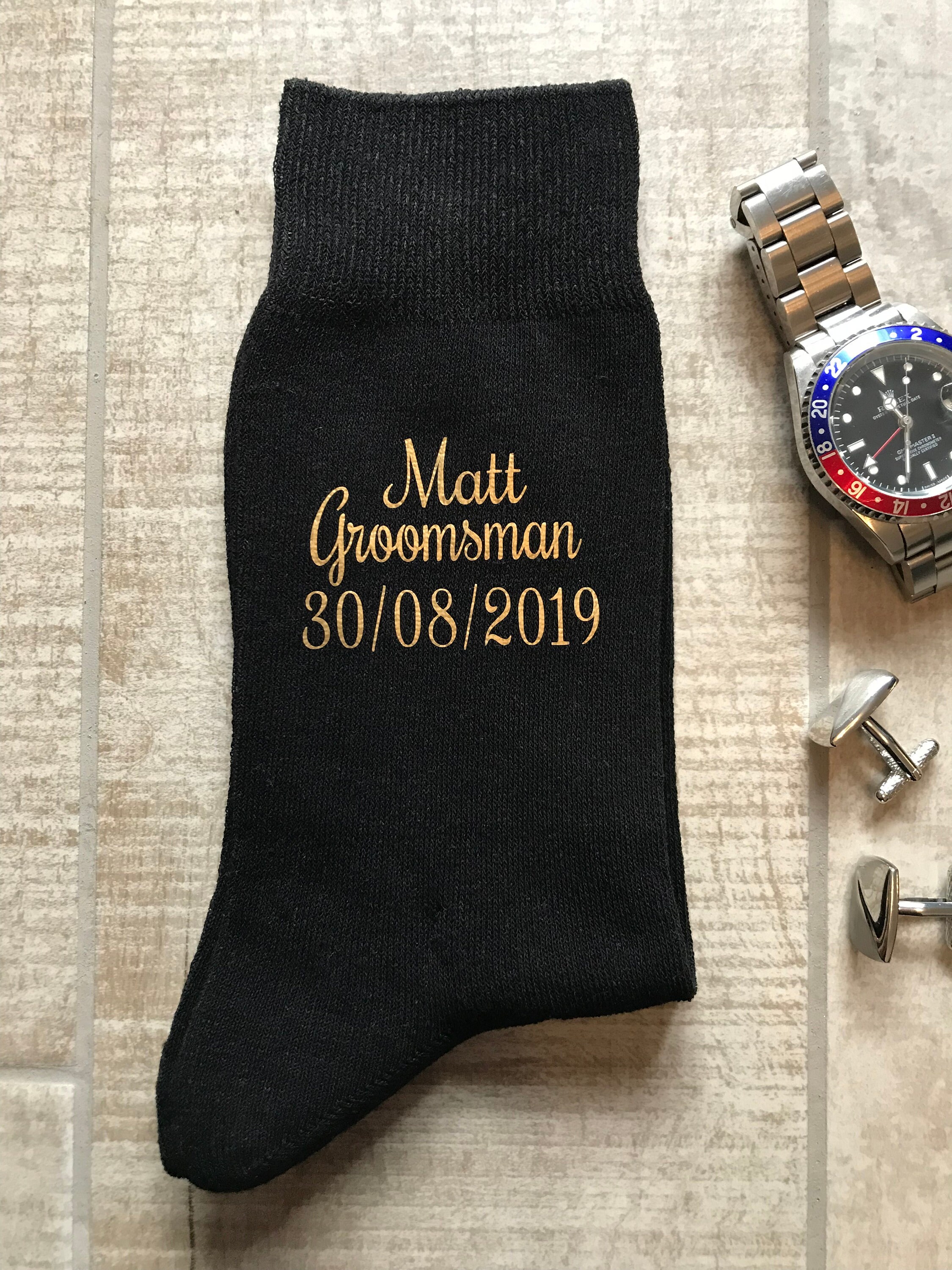Black groom socks gold wording | Etsy