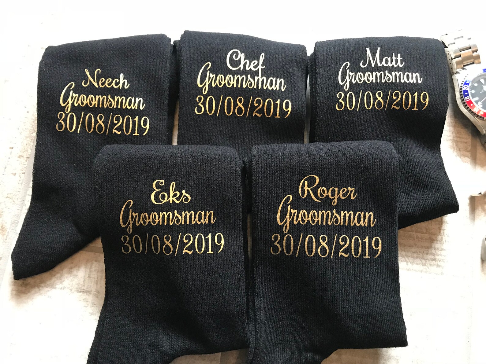 Black groom socks gold wording | Etsy