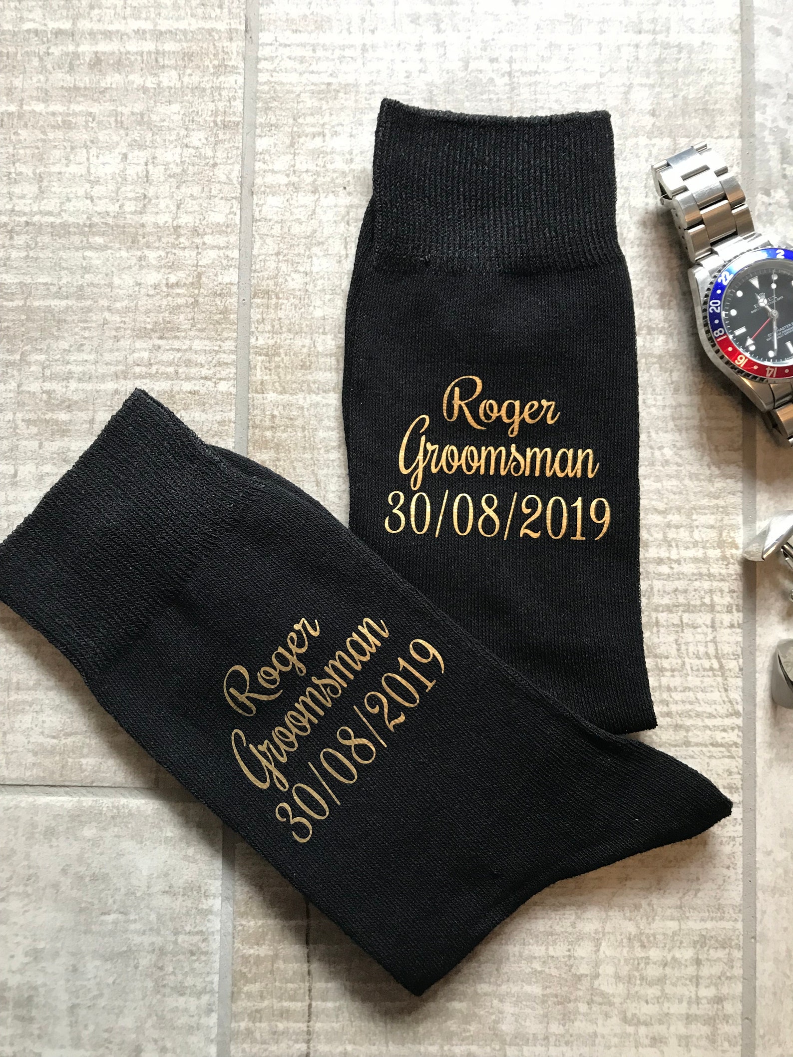 Black groom socks gold wording | Etsy