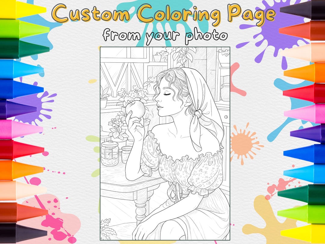 Custom Photo Coloring Page: Girl With Apple, Adult Activity - Etsy