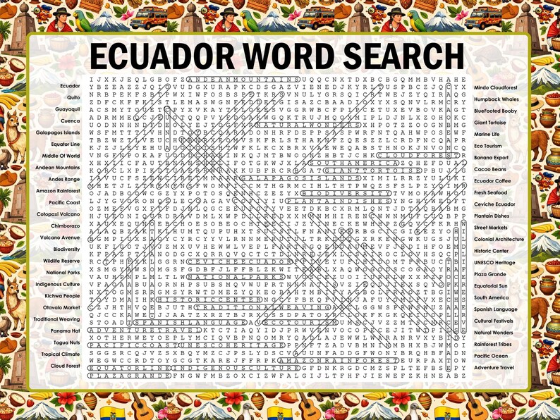 Ecuador Word Search, Giant Crossword Puzzle, Large Word Find, Gathering ...