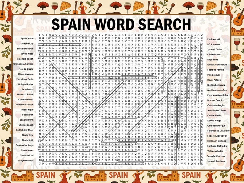 Spain Word Search, Giant Crossword Puzzle, Large Word Find, Gathering ...
