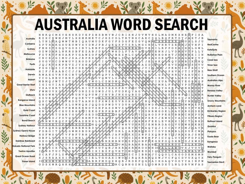 Australia Word Search, Giant Crossword Puzzle, Large Word Find ...