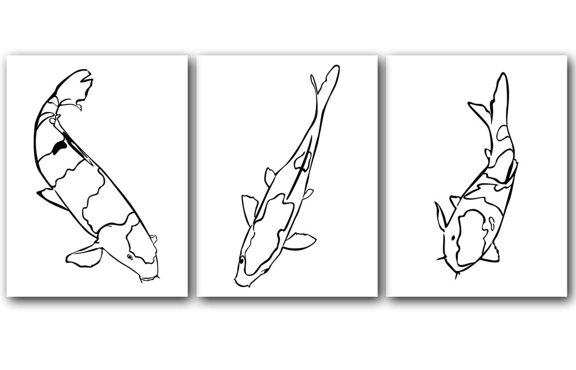 Abstract Koi Fish Drawing Line Art, Home Wall Decor, Set of 3 Poster ...
