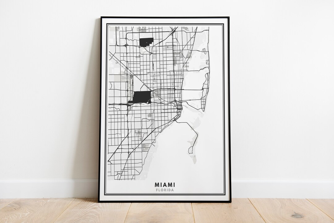 Miami Map Poster Print: Black and White Minimalist Line Art - Etsy