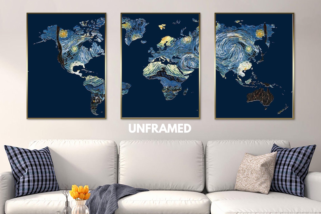 Van Gogh World Map Poster Print Set of 3: Starry Night Abstract Art - Etsy