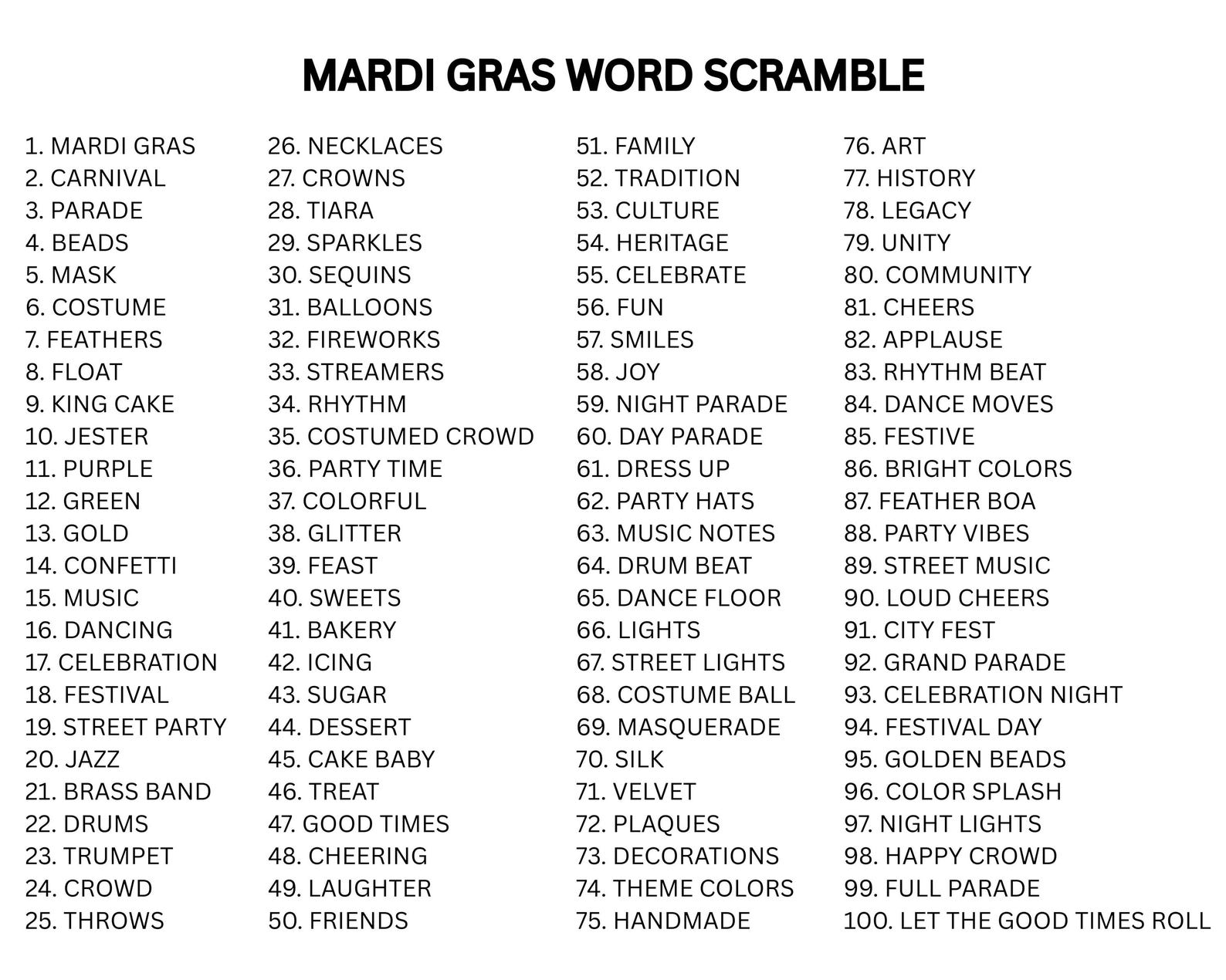 Mardi Gras Word Scramble Poster, Fun Holiday Gathering Activity, Giant ...