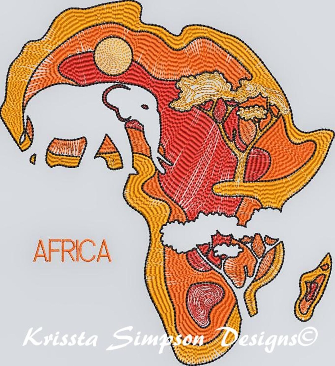 Abstract African Continent With Elephant in Sunset Machine Embroidery ...