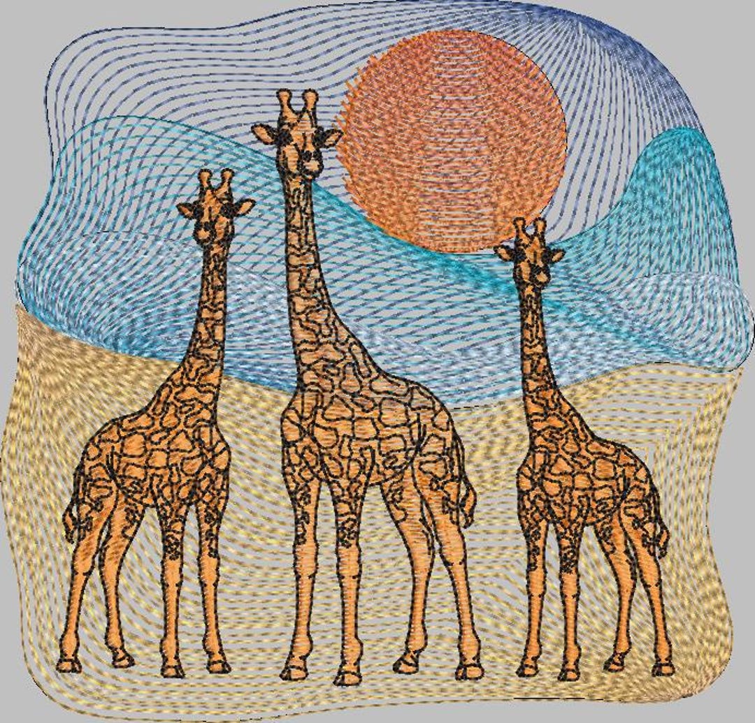3 Giraffes in the Sunset Red Work Style 01 Machine Embroidery Design in ...