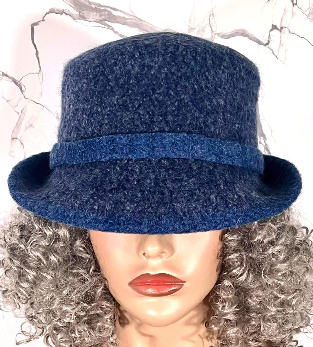 Handmade Blue Denim Tweed Wool Felted Cloche Hat: Warm Winter Bucket ...