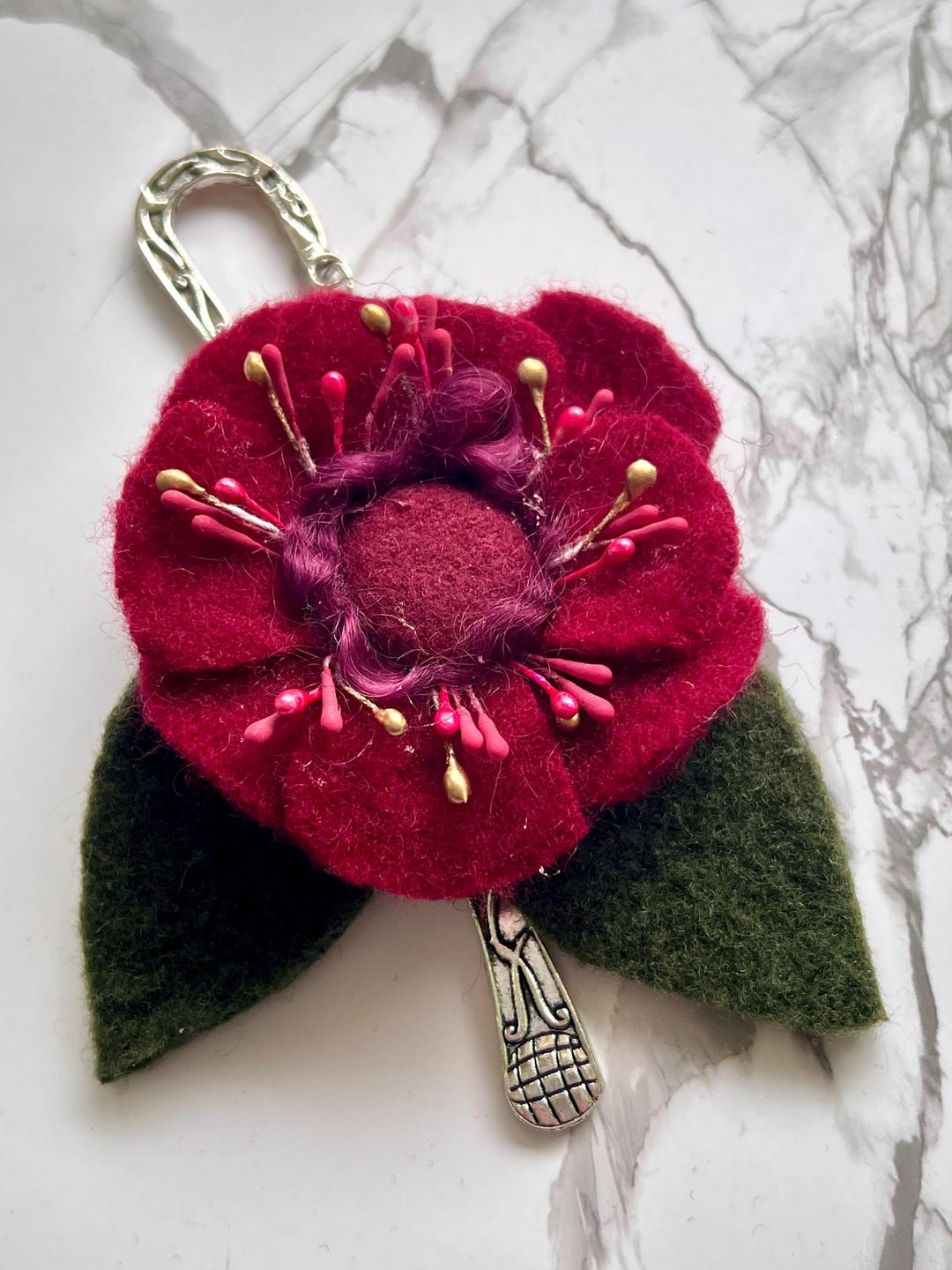Burgundy-maroon Handmade Felted Flower Bookmark, Brooch, or Purse Charm ...