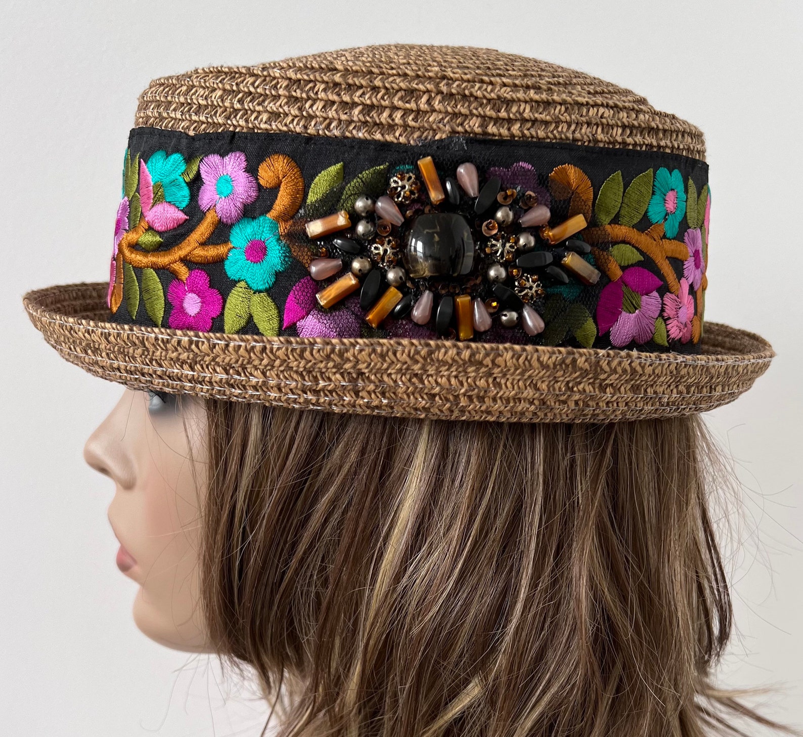 Tan Straw Hat With Embroidered Ribbon and Beaded Appliqué - Etsy