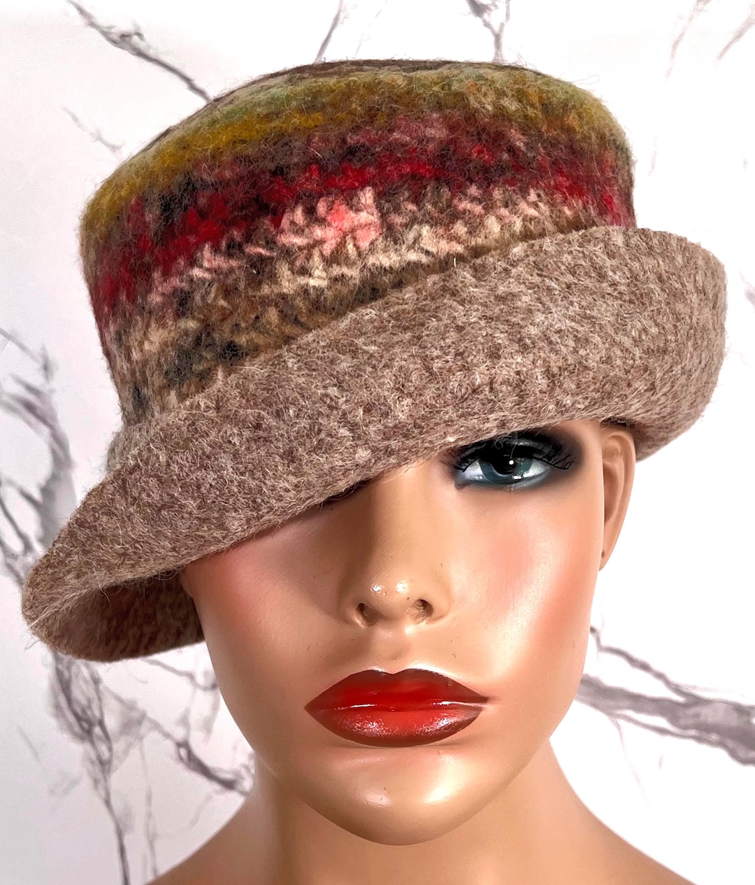 Felted Wool Cloche Hat: Multicolor Crown, Camel Tweed Brim (fits 22-22. ...