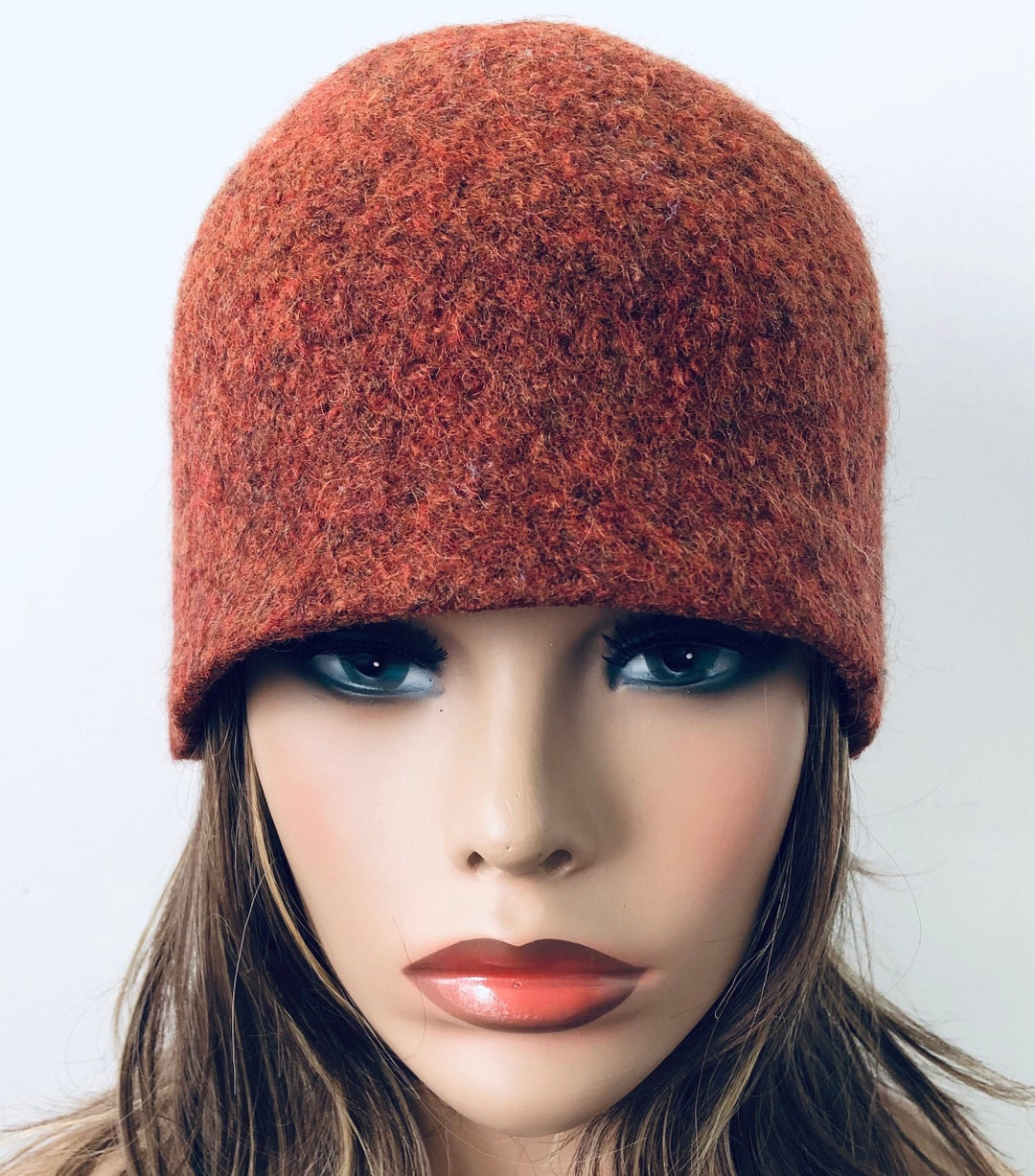 Burnt Orange Wool Felt Beanie: Handmade Cloche Hat (22.5-23") - Etsy