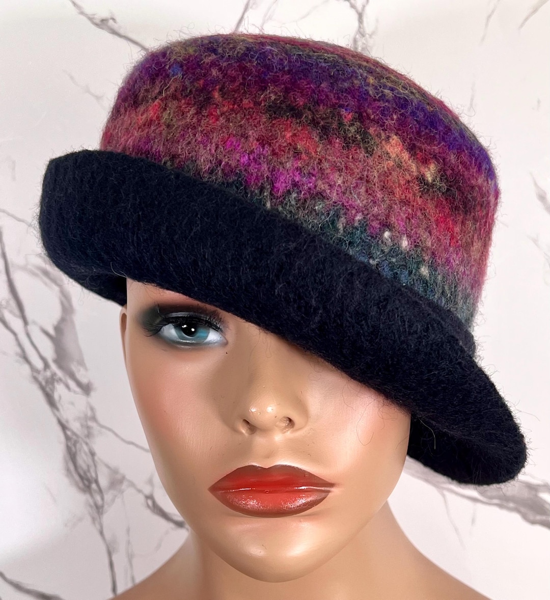 Black Felted Wool Cloche Hat: Oversized Pillbox Style, Winter Bucket ...